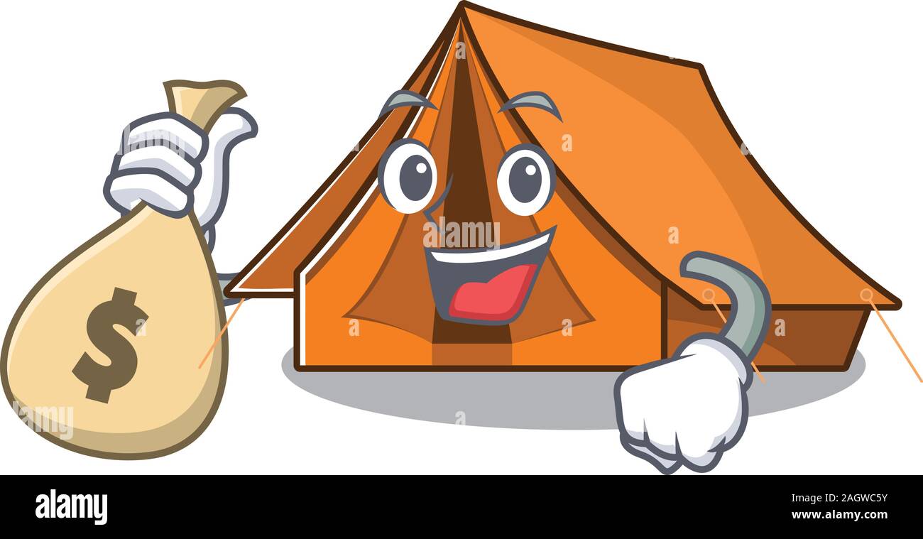 Smiley camping tent Scroll cartoon character with money bag Stock ...