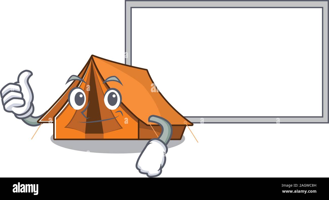 cute camping tent Scroll cartoon character Thumbs up with board Stock ...