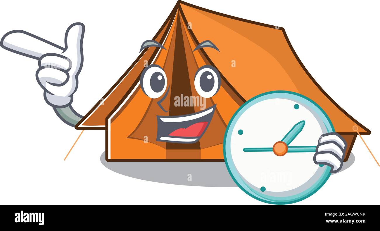 smiling camping tent Scroll cartoon character style with clock Stock ...