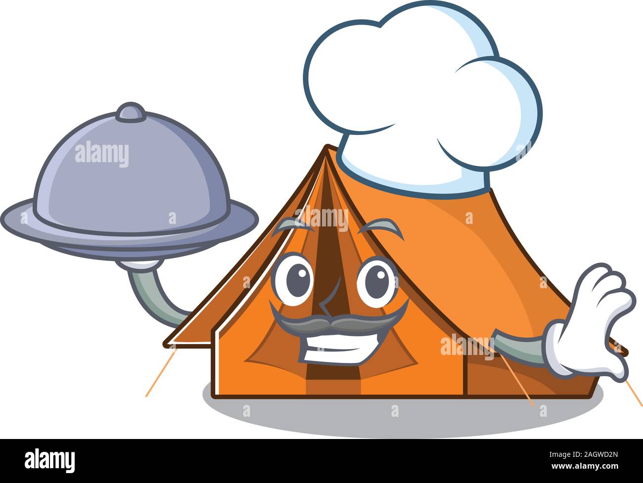 cartoon design camping tent Scroll as a Chef with food on tray Stock ...