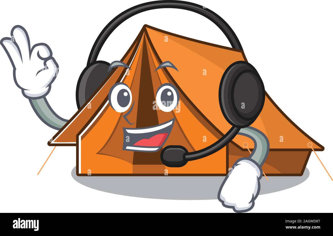cute camping tent Scroll cartoon character design wearing headphone ...