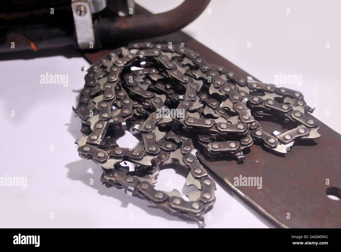 Spare parts chains of motor logging Stock Photo - Alamy