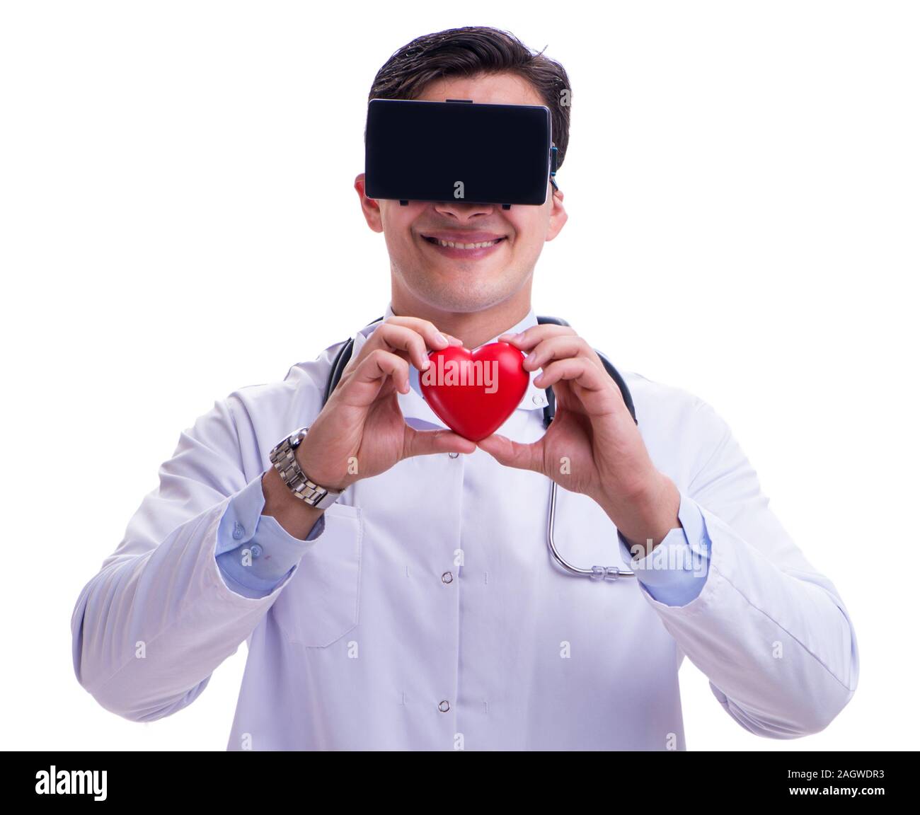 Doctor wearing a vr virtual reality headset isolated on white ...