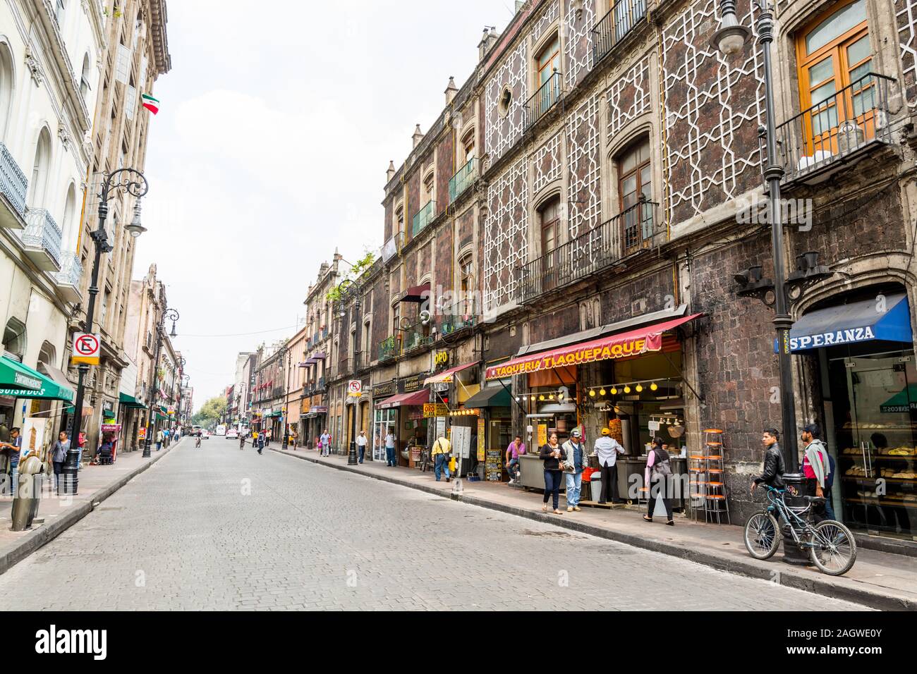 Street view of shopping street with historic buildings near the main ...