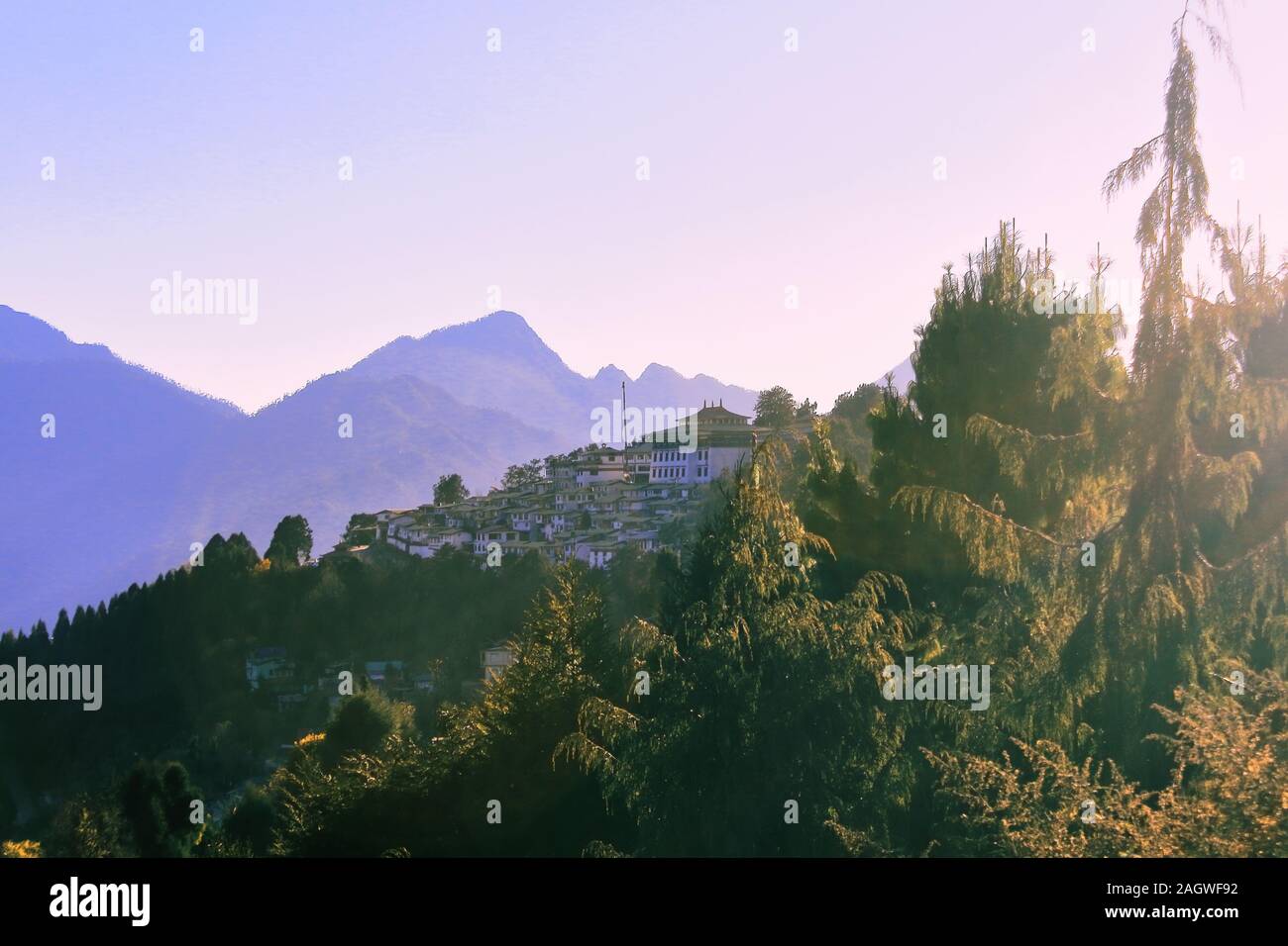 scenic landscape of himalayan foothills and tawang monastery in morning ...