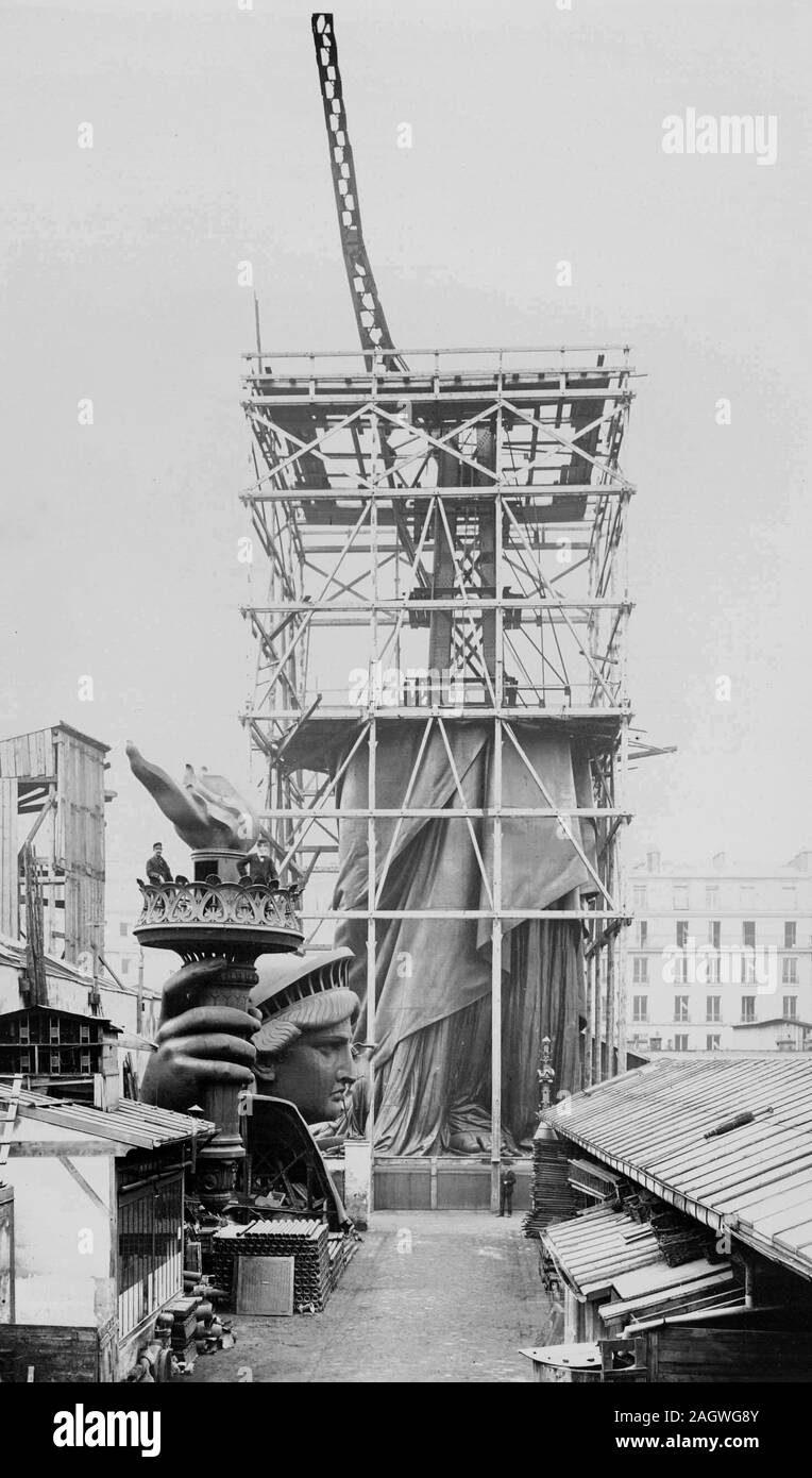 Assemblage of the Statue of Liberty in Paris, showing the bottom half ...