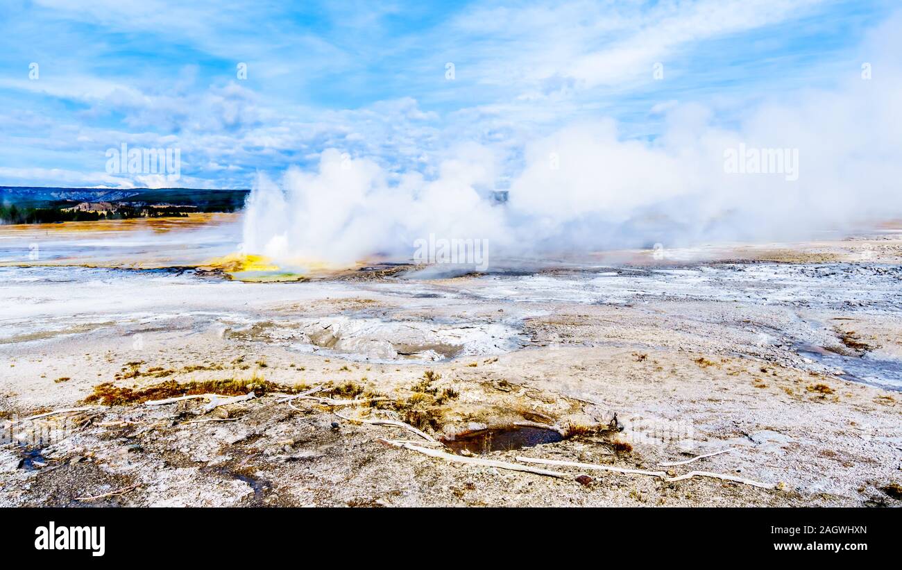 Spouting water of the active Jelly Geyser with its yellow sulfur ...
