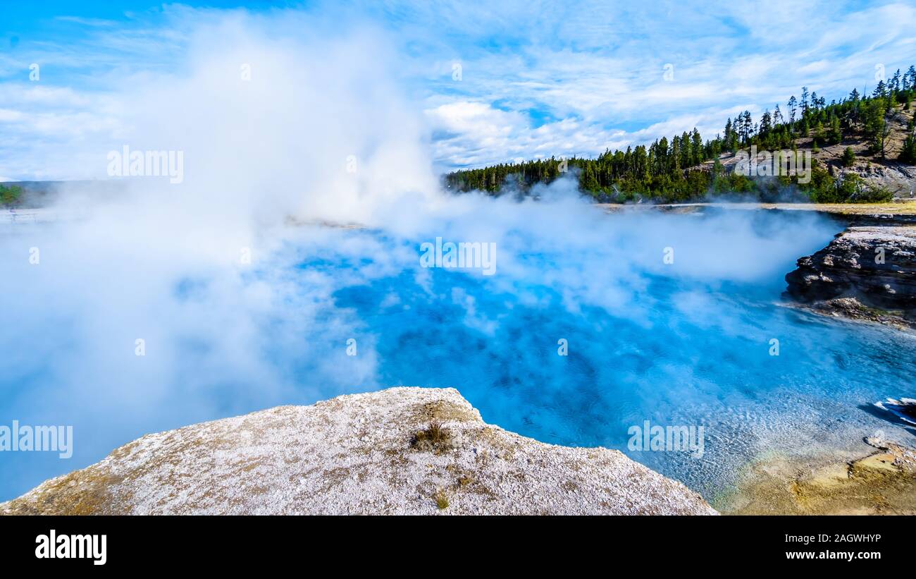 The blue-turquoise water of the Excelsior Geyser Crater in the Lower ...