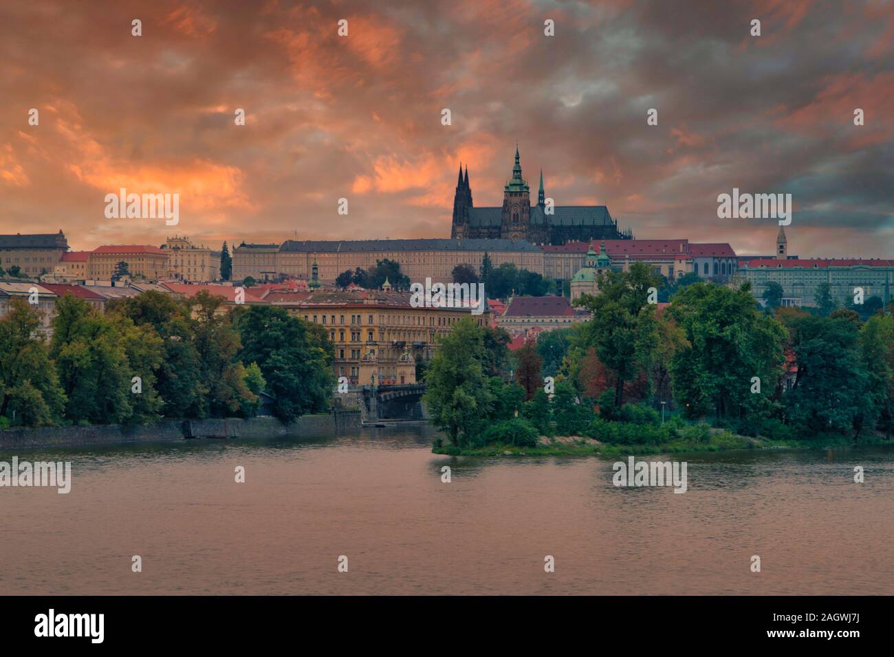 Scenic summer panorama of the Old Town architecture with Vltava river ...