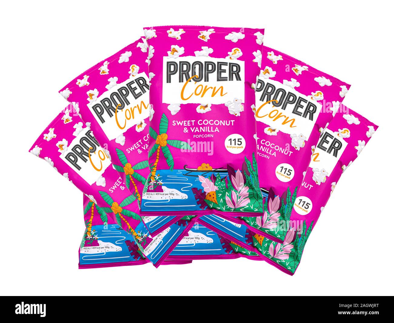 SWINDON, UK - December 21, 2019: Bag of Proper Corn, Sweet Coconut and ...