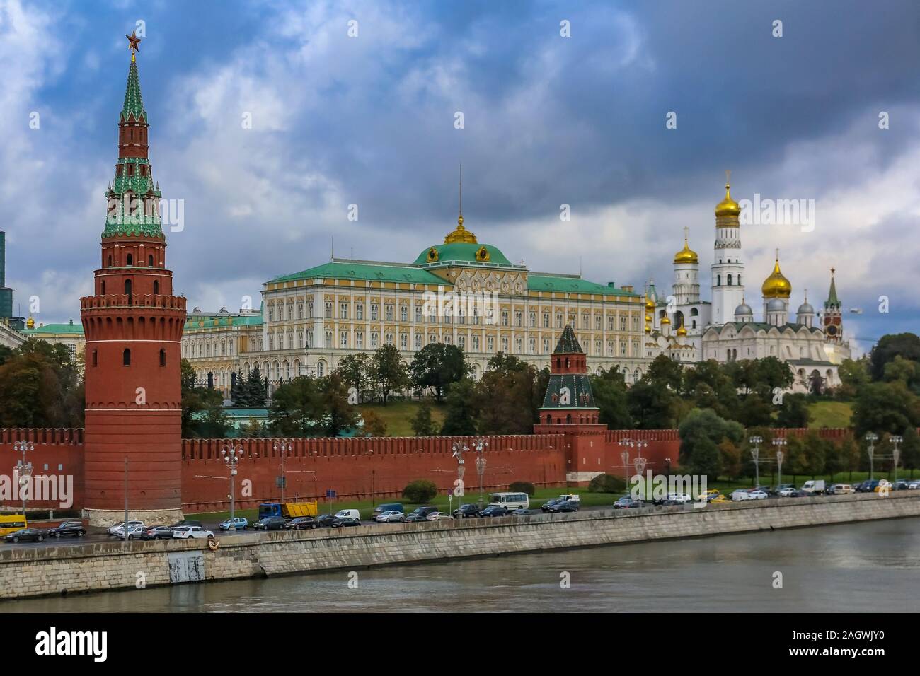 Moscow, Russia - October 08, 2015: Red Kremlin wall, tower and golden ...