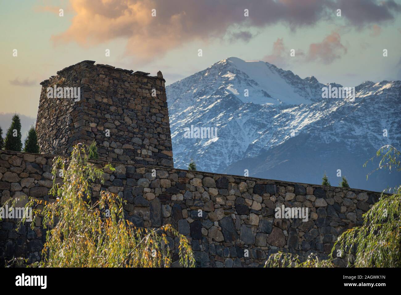 The ruins of a fortress in the mountains of the Caucasus. North Ossetia ...