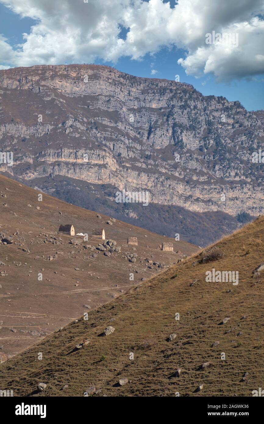 The ruins of a fortress in the mountains of the Caucasus. North Ossetia ...