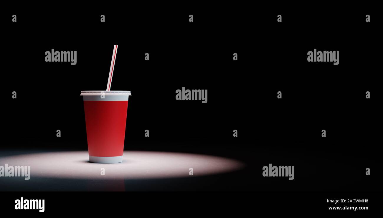 One Single Red Fast Food Drinking Cup with Straw Spotlighted on Black ...