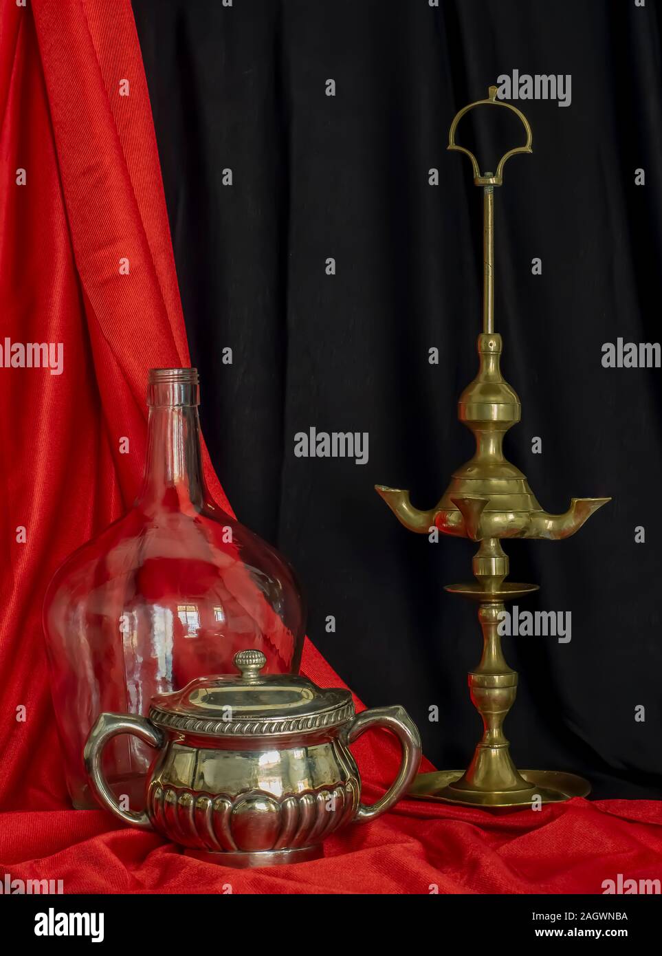 Old Spanish Oil Lamp Glass Demijohn and Silver sugar Bowl Red and Black ...