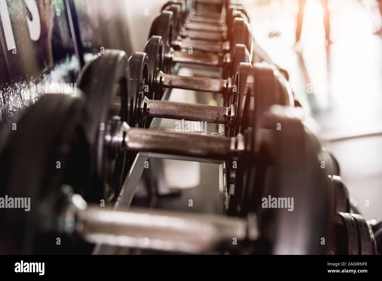 Equipment metal dumbbells weight on rack at fitness gym Stock Photo - Alamy