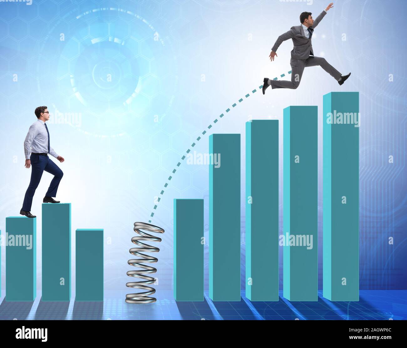 The business people jumping over bar charts Stock Photo - Alamy