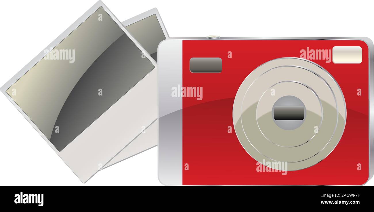 Red compact digital camera and photo cards on white background Stock ...