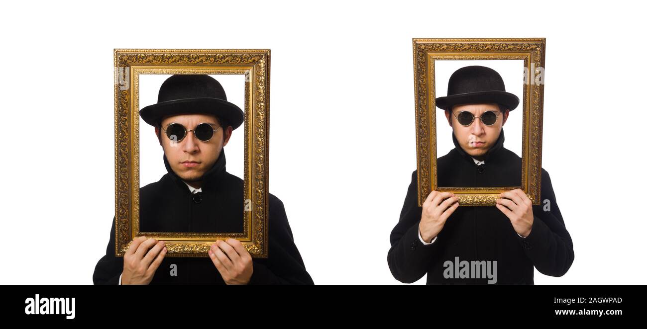 The young man holding frame isolated on white Stock Photo - Alamy