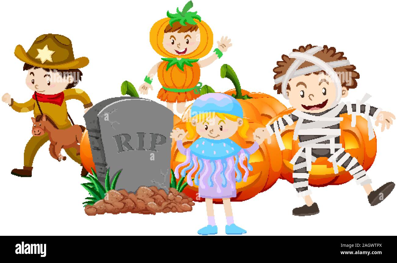 Children in different halloween costume illustration Stock Vector Image ...