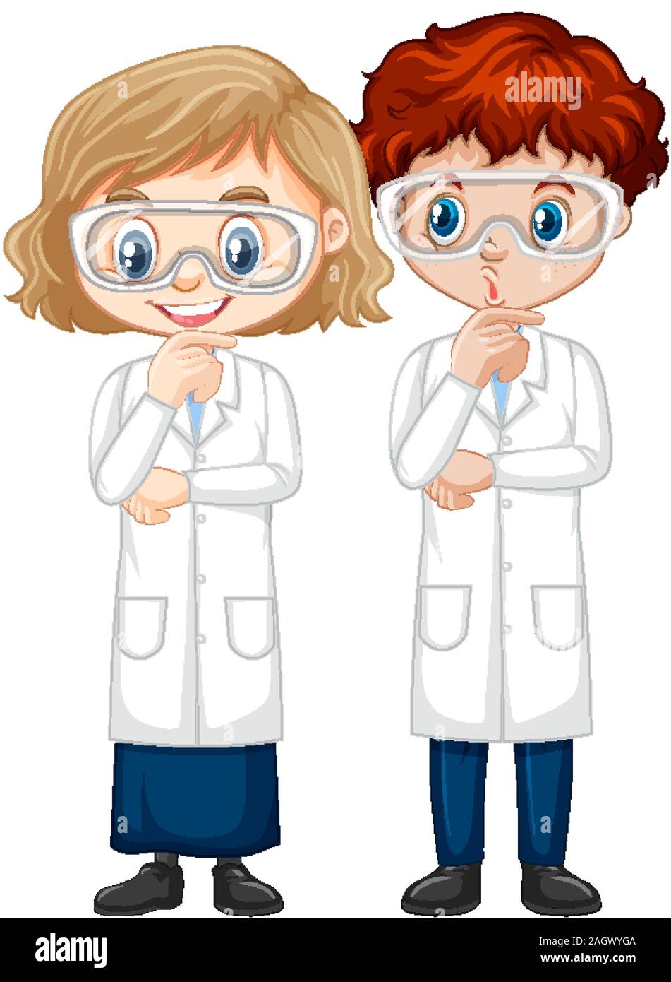 Boy and girl in science gown on isolated background illustration Stock ...