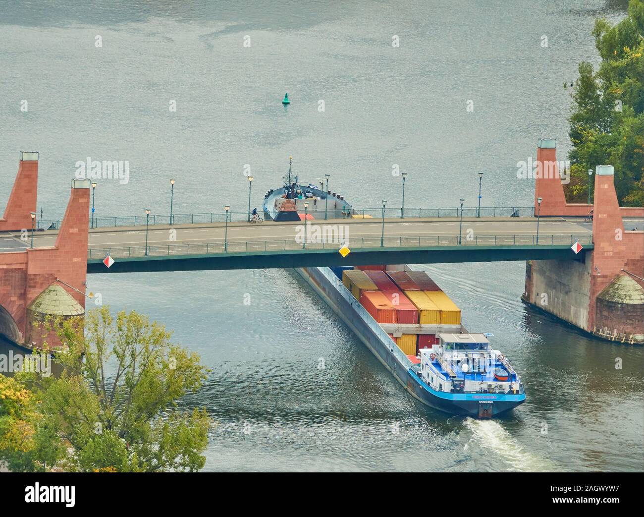 Frankfurt, Germany, October 2., 2019: A ship loaded with containers ...