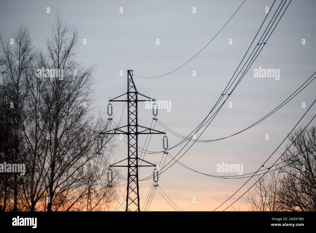 Selective focus photo. Beautiful view to powerful and huge high-voltage ...