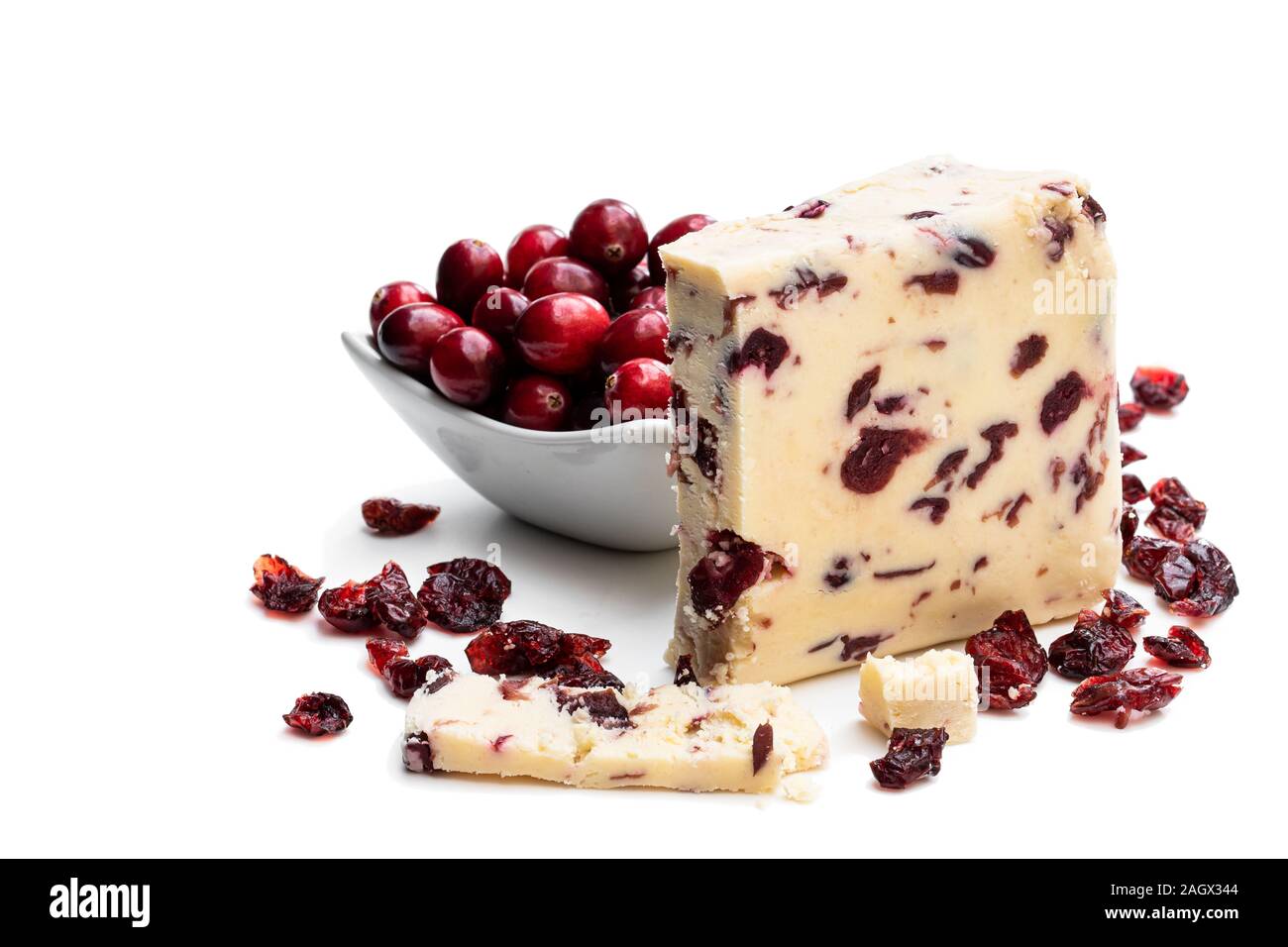 Cranberry cheddar cheese with wheat crackers isolated on white Stock ...