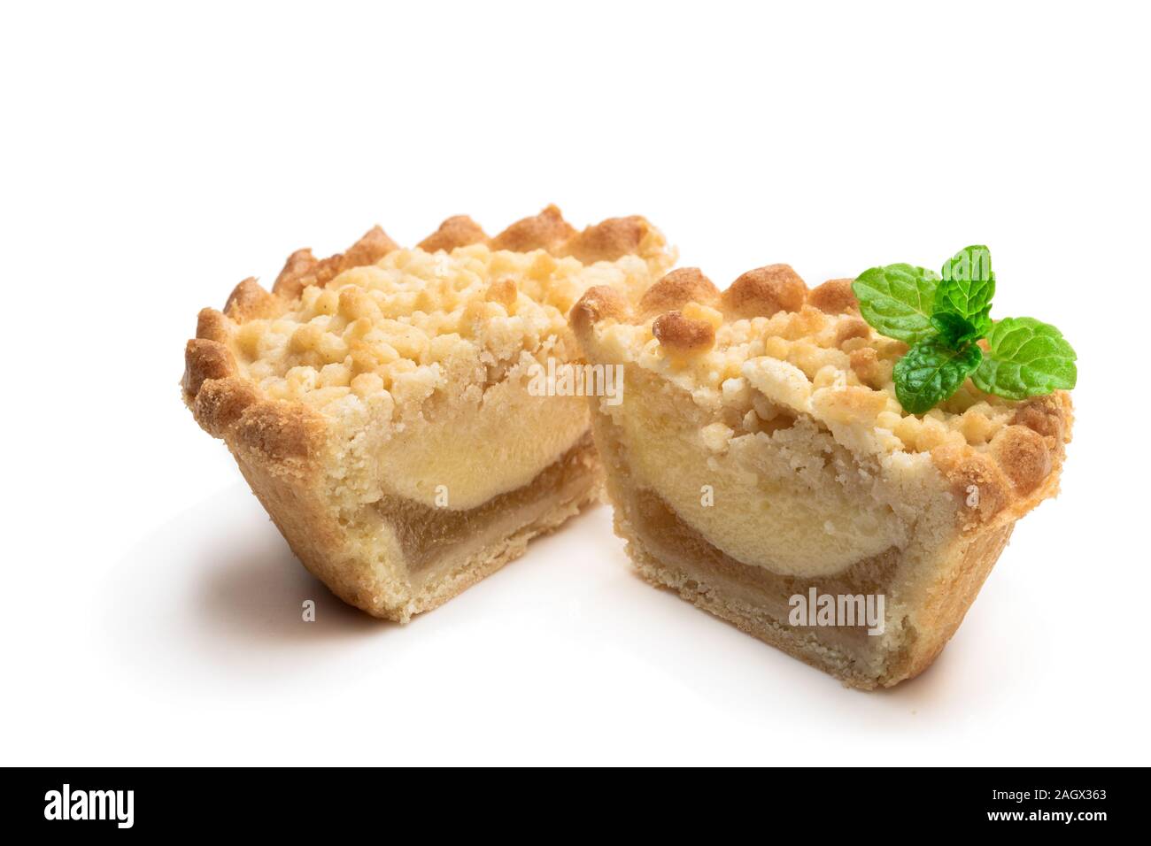 Mini apple and pear custard crumble tart isolated on white Stock Photo ...