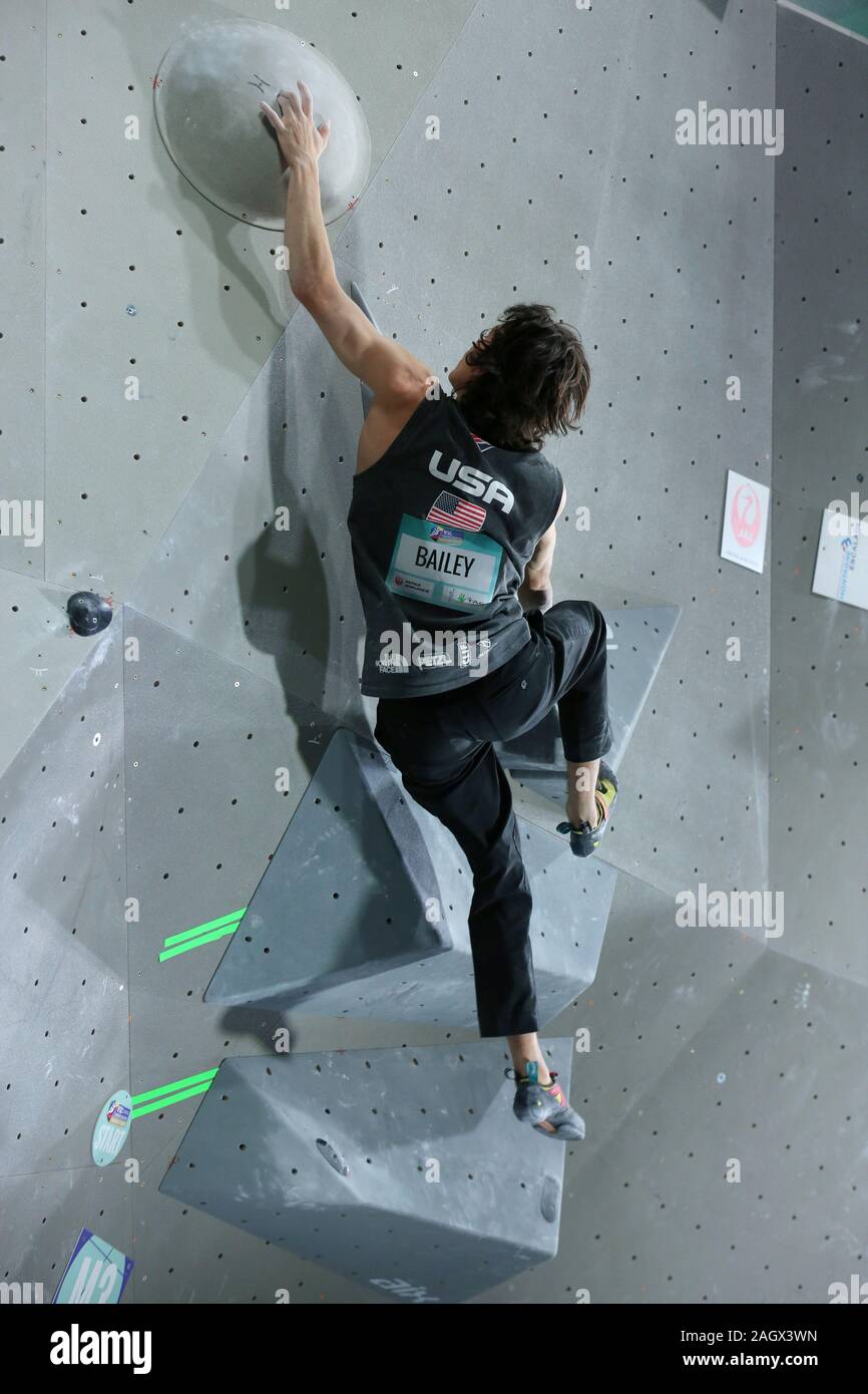 TOULOUSE, FRANCE - 28 NOV 2019: Sean Bailey during the Men's Bouldering ...