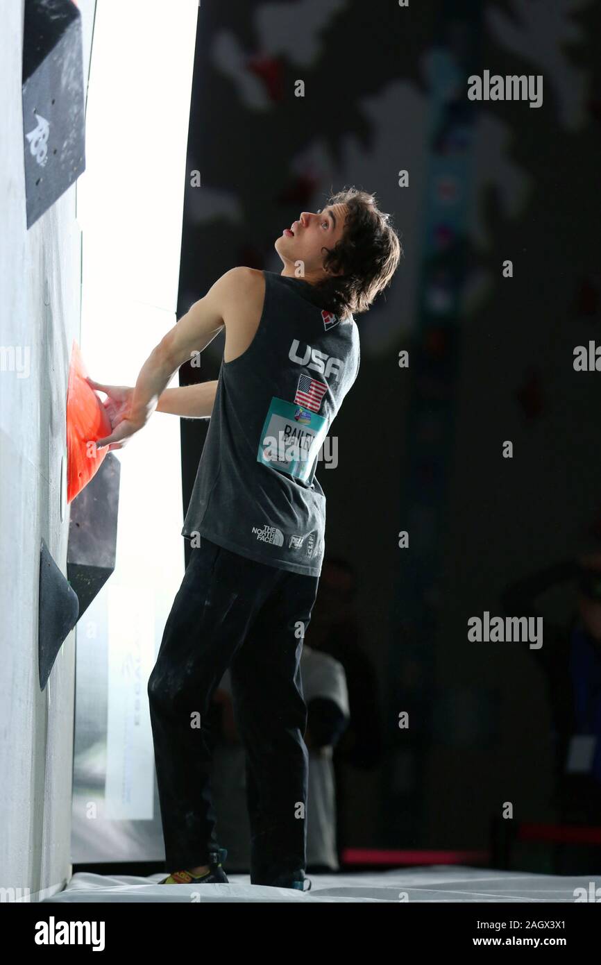 TOULOUSE, FRANCE - 28 NOV 2019: Sean Bailey during the Men's Bouldering ...