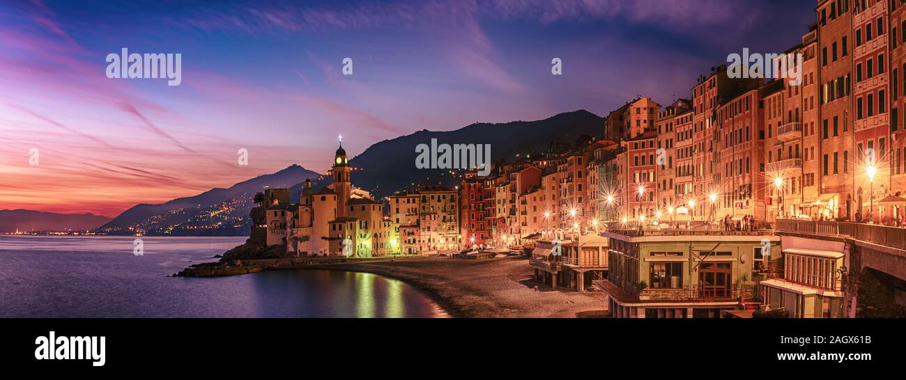 Beautiful Small Mediterranean City at sunset with colorful sky ...