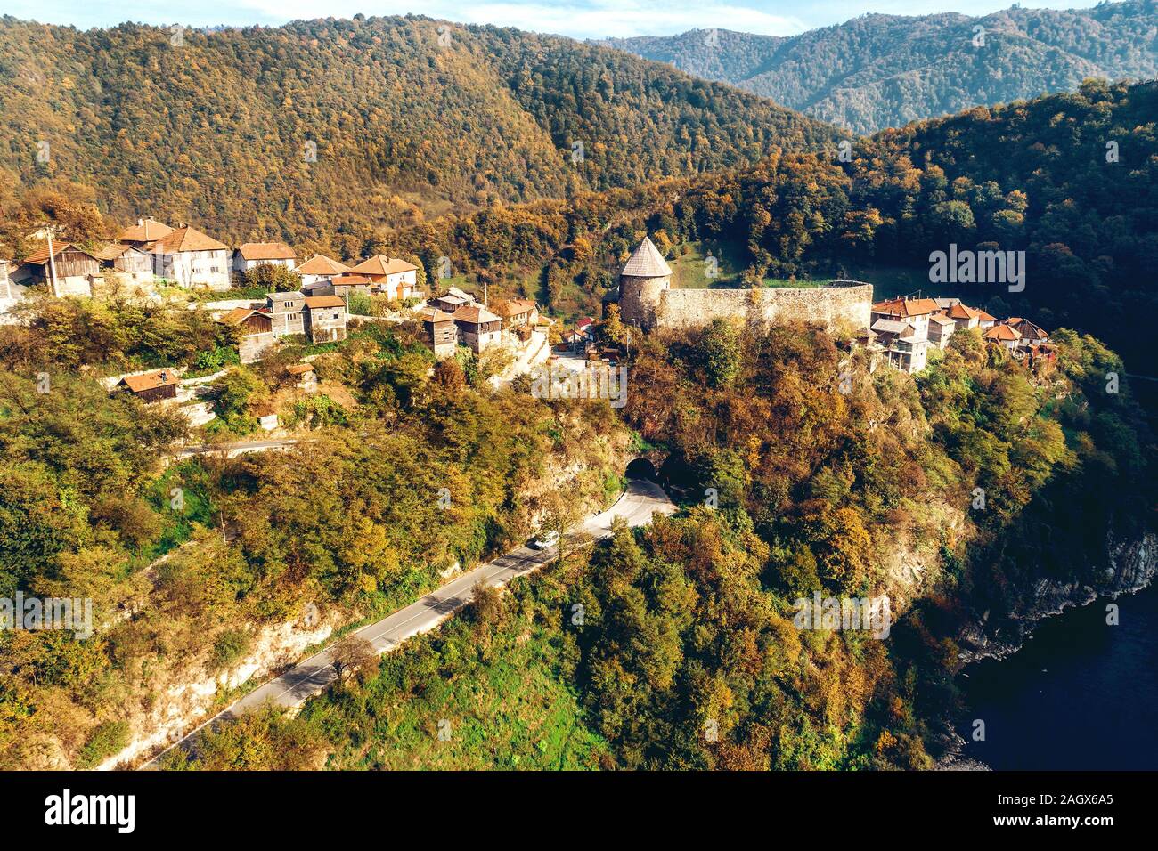 Aerial view of ancient city and castle of Vranduk in middle Bosnia ...