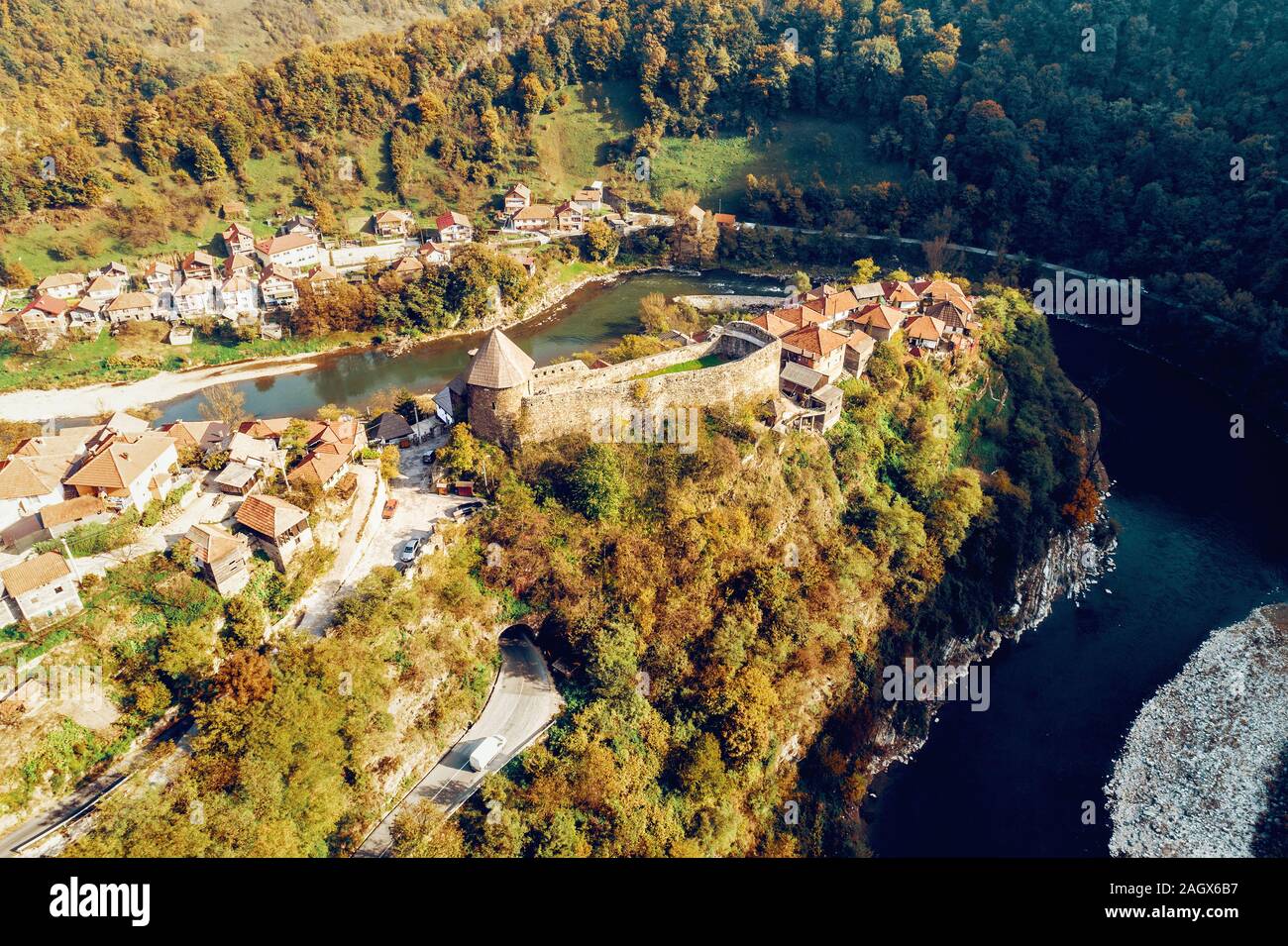 Aerial view of ancient city and castle of Vranduk in middle Bosnia ...
