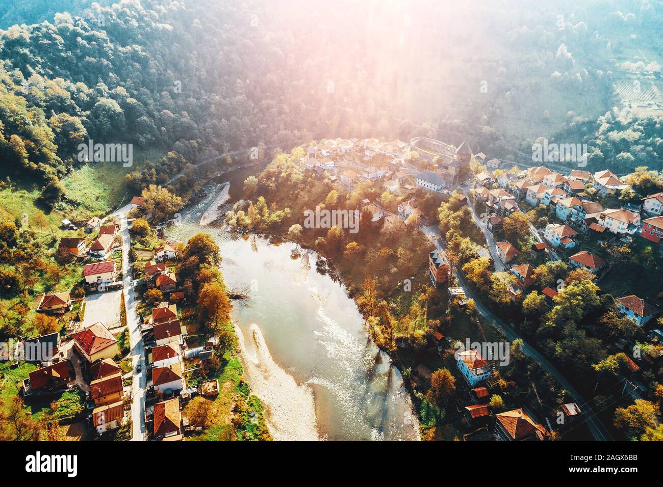 Aerial view of ancient city and castle of Vranduk in middle Bosnia ...