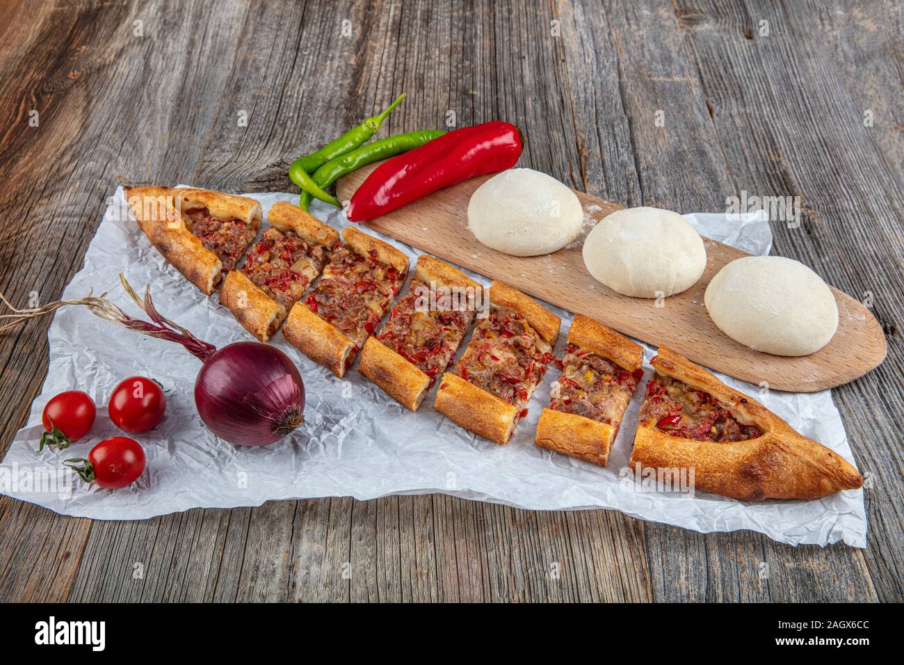 Traditional Turkish dish pita beef - Kusbasili Pide. Turkish Pide with ...