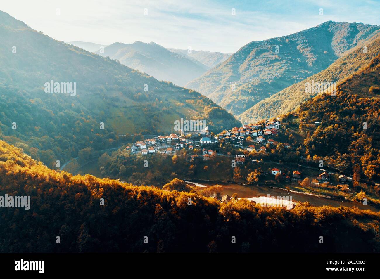 Aerial view of ancient city and castle of Vranduk in middle Bosnia ...