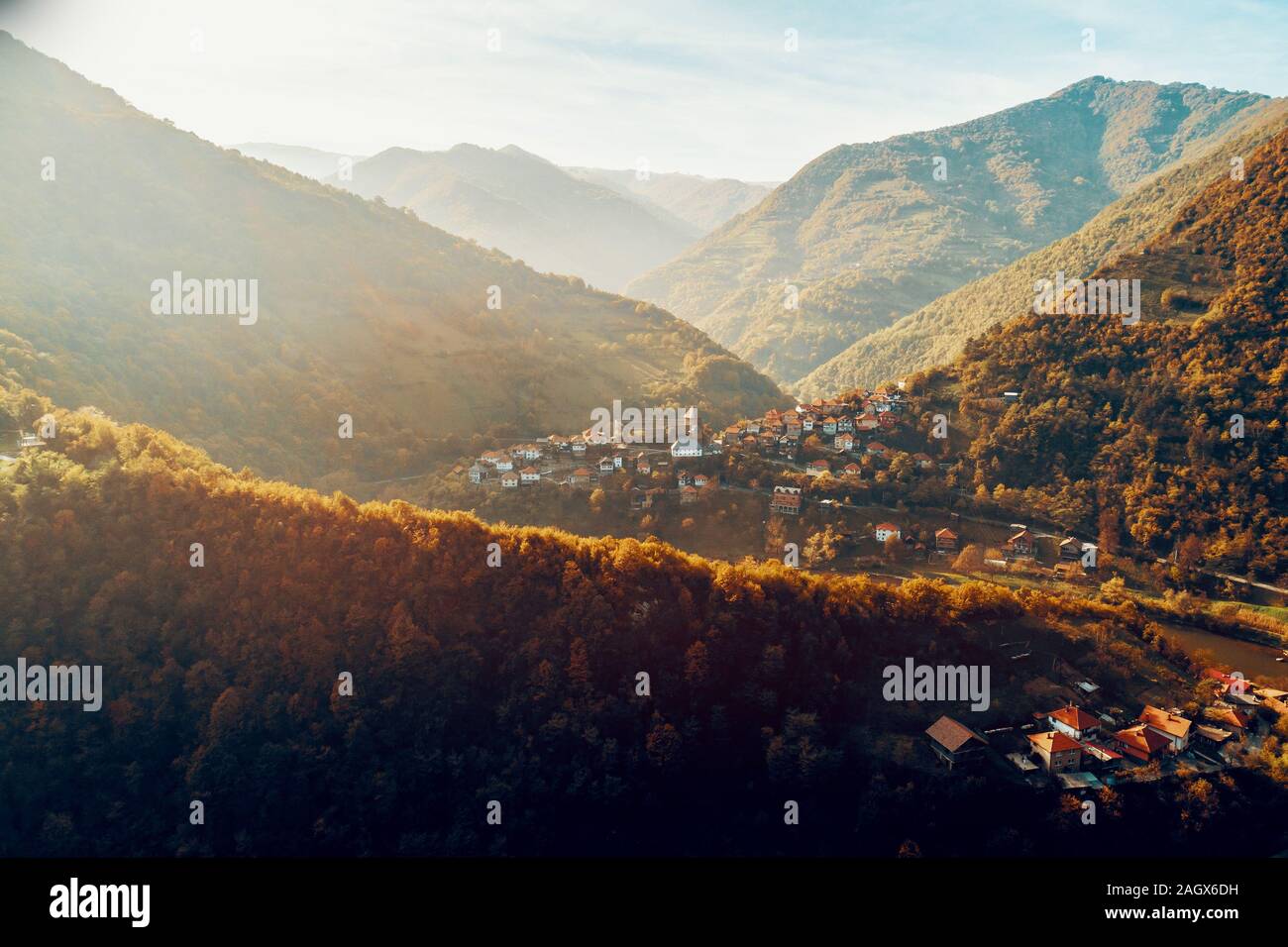 Aerial view of ancient city and castle of Vranduk in middle Bosnia ...