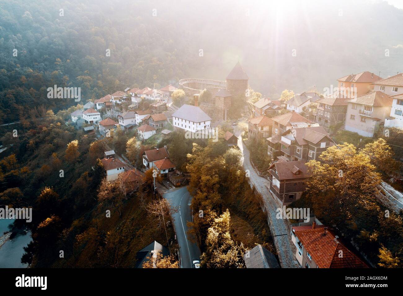Aerial view of ancient city and castle of Vranduk in middle Bosnia ...