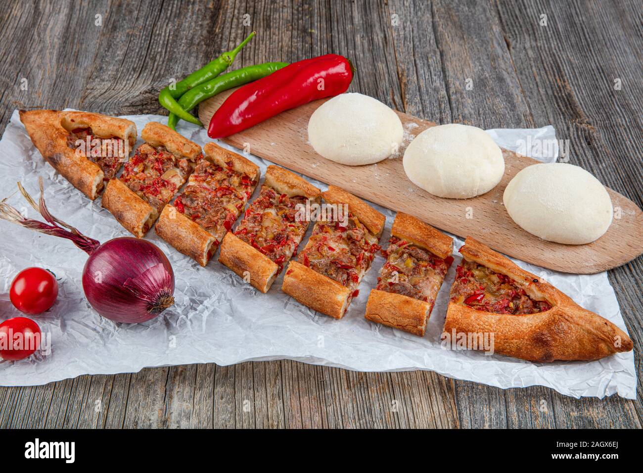 Traditional Turkish dish pita beef - Kusbasili Pide. Turkish Pide with ...