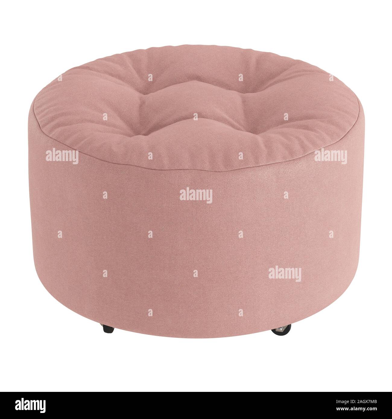 Light pink soft fabric poufon wheels on a white background. 3d ...