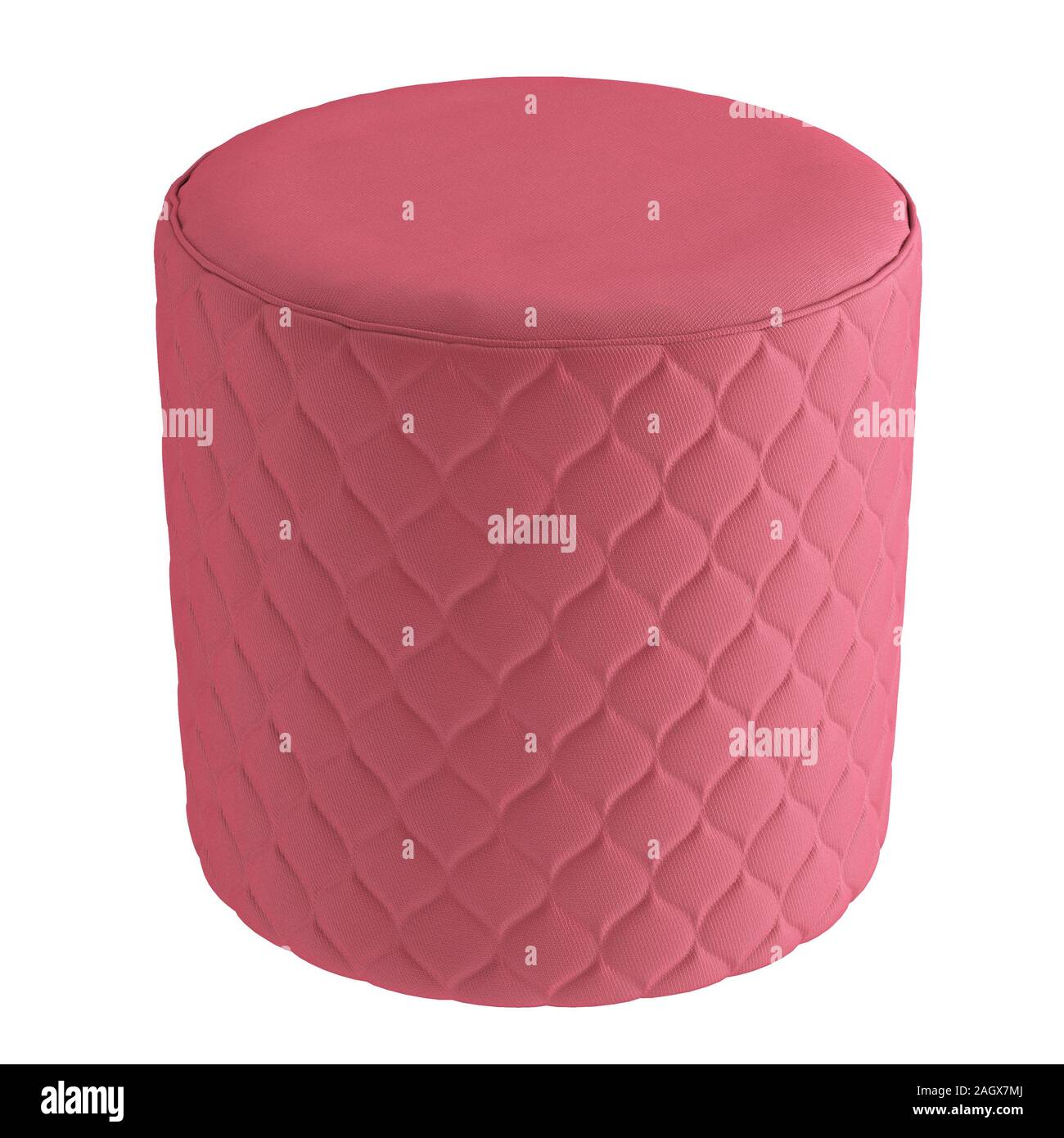 Pink round soft pouf with a relief pattern on white background. 3d ...