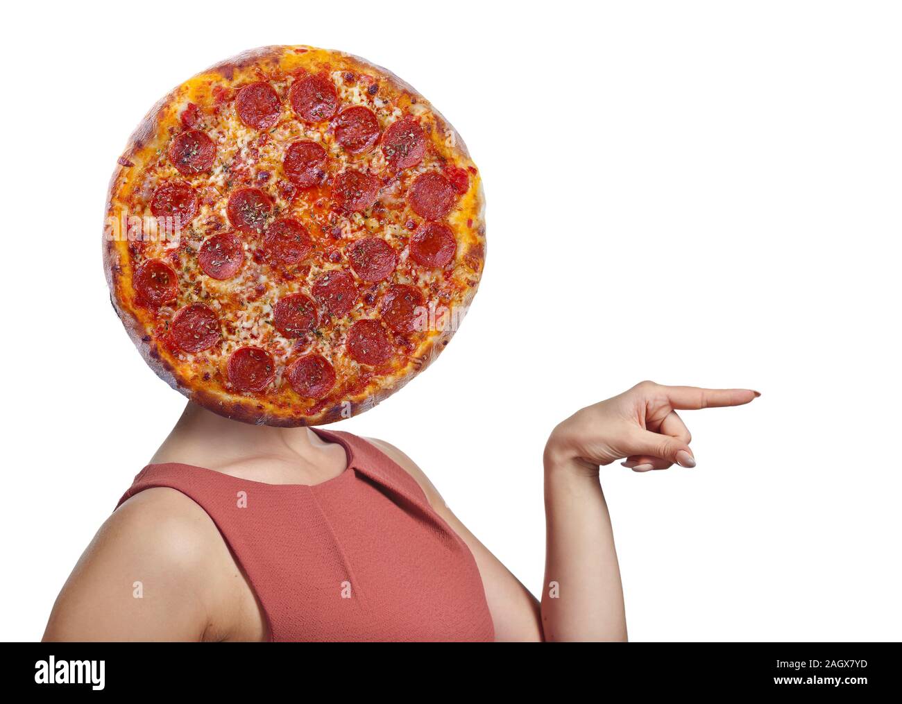 Woman with a pizza for a head showing to right. Isolated on white ...