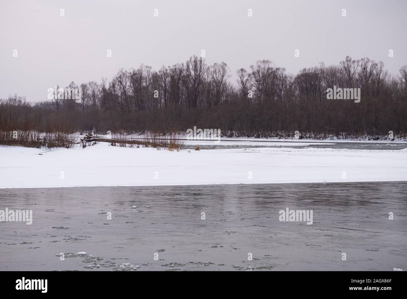 Mountain Russian river in winter. Snow on the shore. Rapid flow of ice ...