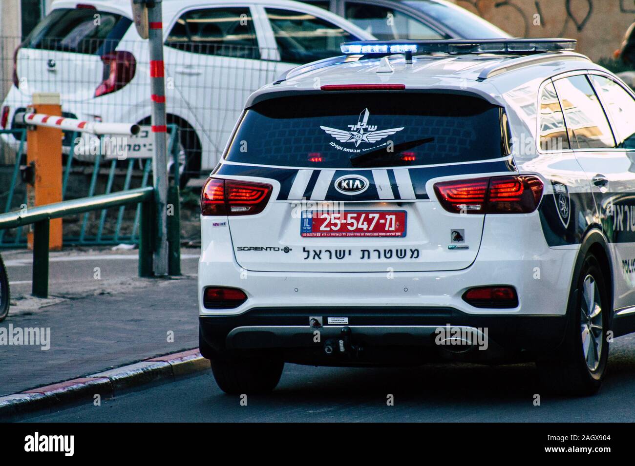 Tel Aviv Israel December 20, 2019 View of a Israeli police car rolling ...