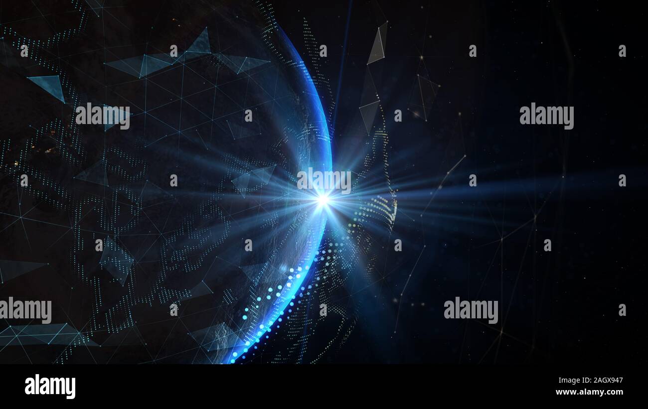 The sun's rays over earth in outer space. Earth Globe technology with ...