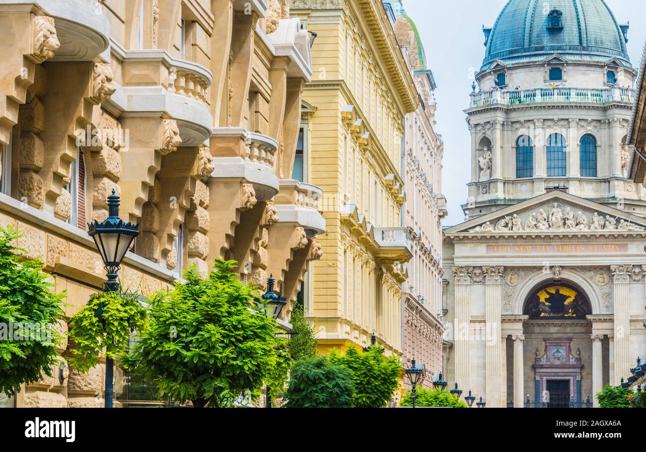 Architecture of Zrinyi utca with St. Stephen's Basilica in Budapest ...