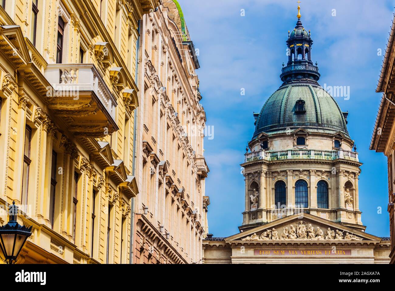 Architecture of Zrinyi utca with St. Stephen's Basilica in Budapest ...
