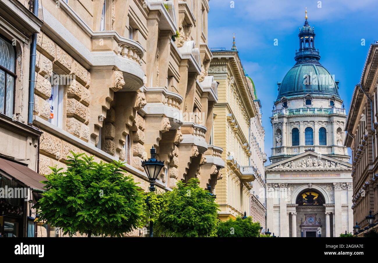 Architecture of Zrinyi utca with St. Stephen's Basilica in Budapest ...