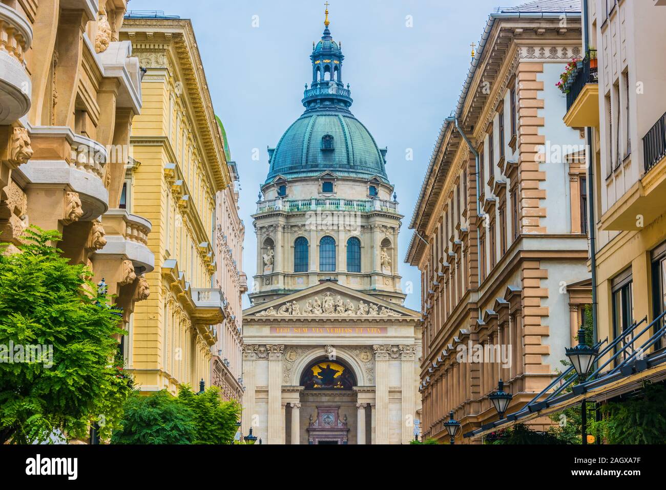 Architecture of Zrinyi utca with St. Stephen's Basilica in Budapest ...